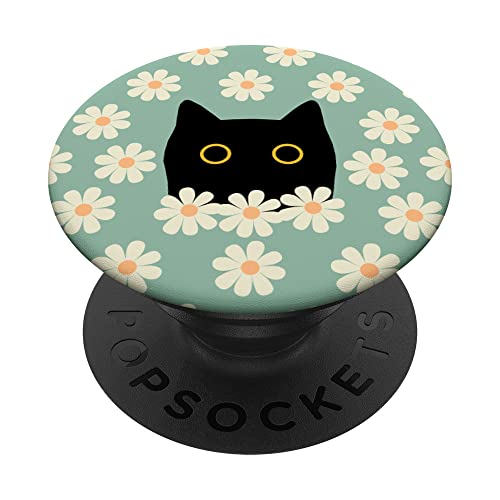 Floral Retro Aesthetic Cute Black Cat Hiding In Daisy Flower PopSockets Swappable PopGrip