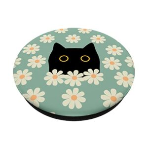 Floral Retro Aesthetic Cute Black Cat Hiding In Daisy Flower PopSockets Swappable PopGrip