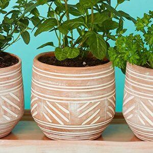 Gold & Garden Bangladesh Small Rustic Geometric Round Terracotta Pot Set with Tray