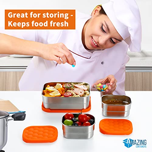 Amazing Containers | Stainless Steel Food Containers with Lids Set of 3 (28 oz, 8 oz, 8 oz) - Steel Lunch Container for Kids - Metal Snack Container Leakproof Lunch Box Sandwich Containers