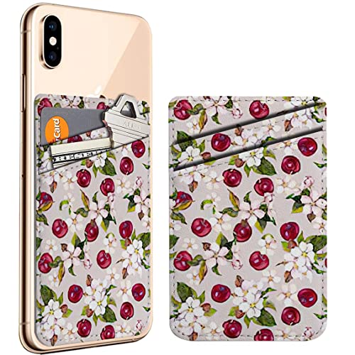 Diascia Pack of 2 - Cellphone Stick on Leather Cardholder ( Cherry Flowers Berries Floral Pattern Pattern ) ID Credit Card Pouch Wallet Pocket Sleeve