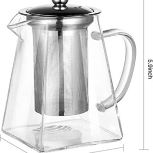 Aottop Square Glass Teapot with Infuser, 500 ml Borosilicate Tea Pot with Strainer, Clear Leaf Tea Pots for Loose Tea (500ML)