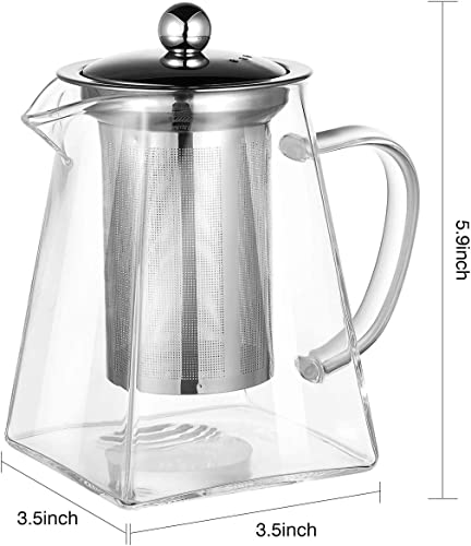 Aottop Square Glass Teapot with Infuser, 500 ml Borosilicate Tea Pot with Strainer, Clear Leaf Tea Pots for Loose Tea (500ML)