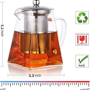 Aottop Square Glass Teapot with Infuser, 500 ml Borosilicate Tea Pot with Strainer, Clear Leaf Tea Pots for Loose Tea (500ML)