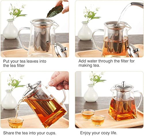 Aottop Square Glass Teapot with Infuser, 500 ml Borosilicate Tea Pot with Strainer, Clear Leaf Tea Pots for Loose Tea (500ML)