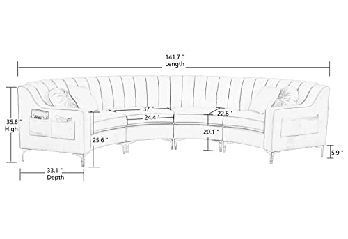 Legend Furniture Velvet Modular sectional Curved Round-Shaped Semi-Circular for Living Room Big Couches Sofas, 142", Grey