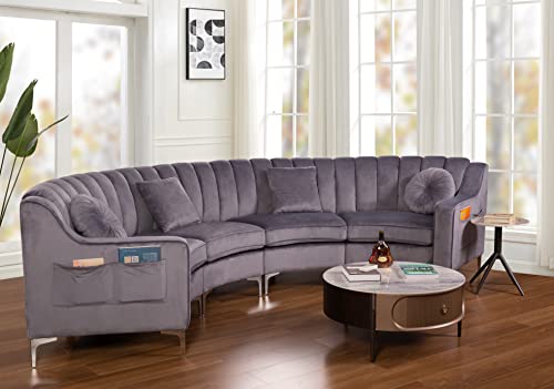 Legend Furniture Velvet Modular sectional Curved Round-Shaped Semi-Circular for Living Room Big Couches Sofas, 142", Grey