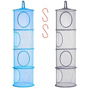 woteer foldable hanging storage mesh space saver bags organizer,suspension storage 3 or 4 compartments hanging stuffed animal storage for kids,2pack (4 tier-blue and gray)