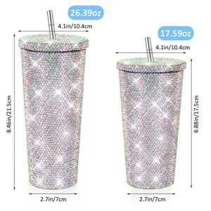 Moizaz Bling Cup Studded Bling Diamond Tumbler Bling Cups With Rhinestones Rhinestones Cups With Lid And Straws Bling Cups With Rhinestones 7 Brushes Included (17.59 ounces, AB color)