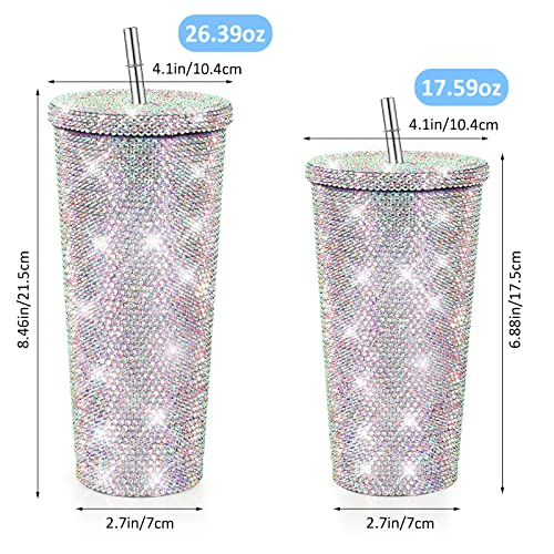 Moizaz Bling Cup Studded Bling Diamond Tumbler Bling Cups With Rhinestones Rhinestones Cups With Lid And Straws Bling Cups With Rhinestones 7 Brushes Included (17.59 ounces, AB color)