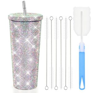 moizaz bling cup studded bling diamond tumbler bling cups with rhinestones rhinestones cups with lid and straws bling cups with rhinestones 7 brushes included (17.59 ounces, ab color)