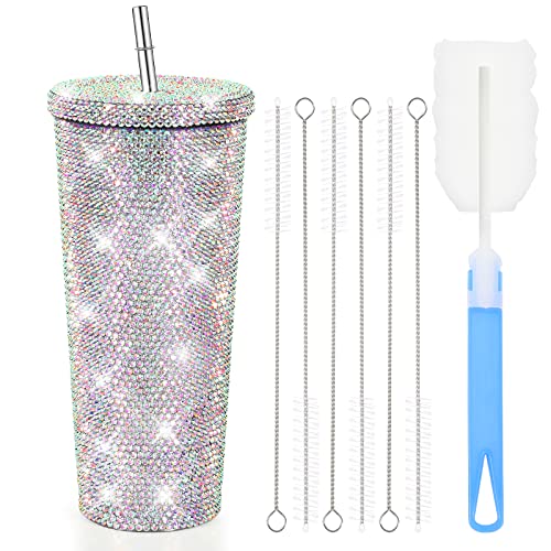 Moizaz Bling Cup Studded Bling Diamond Tumbler Bling Cups With Rhinestones Rhinestones Cups With Lid And Straws Bling Cups With Rhinestones 7 Brushes Included (17.59 ounces, AB color)