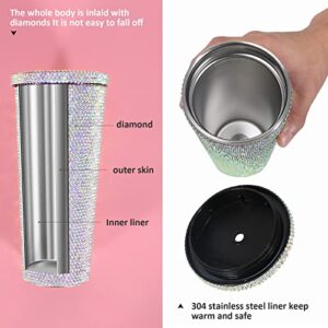 Moizaz Bling Cup Studded Bling Diamond Tumbler Bling Cups With Rhinestones Rhinestones Cups With Lid And Straws Bling Cups With Rhinestones 7 Brushes Included (17.59 ounces, AB color)