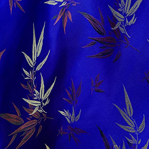 Alondra Royal Blue Leaves Brocade Chinese Satin Fabric by The Yard - 10095