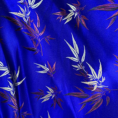 Alondra Royal Blue Leaves Brocade Chinese Satin Fabric by The Yard - 10095