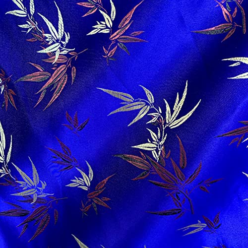 Alondra Royal Blue Leaves Brocade Chinese Satin Fabric by The Yard - 10095