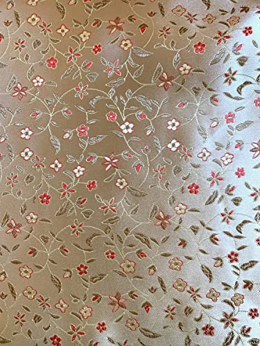 New Fabrics Daily Vivienne Gold RED Floral Brocade Chinese Satin Fabric by The Yard - 10041, Yard (45x36'')