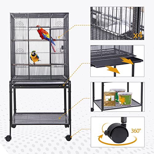 HSM 53 Inch Wrought Iron Large Bird Flight Cage with Rolling Stand for African Grey Parrot Cockatiel Sun Parakeet Conure Lovebird Canary