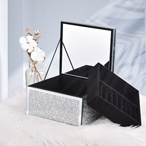 MOMNGNE Bling Crystal Silver Crushed Diamond Glass Mirrored Jewelry Box, Organizer Display Storage Case for Rings Earrings Necklace, Jewelry Boxes for Women