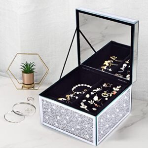 MOMNGNE Bling Crystal Silver Crushed Diamond Glass Mirrored Jewelry Box, Organizer Display Storage Case for Rings Earrings Necklace, Jewelry Boxes for Women