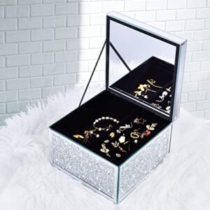 MOMNGNE Bling Crystal Silver Crushed Diamond Glass Mirrored Jewelry Box, Organizer Display Storage Case for Rings Earrings Necklace, Jewelry Boxes for Women