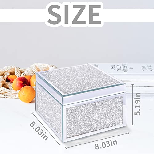 MOMNGNE Bling Crystal Silver Crushed Diamond Glass Mirrored Jewelry Box, Organizer Display Storage Case for Rings Earrings Necklace, Jewelry Boxes for Women