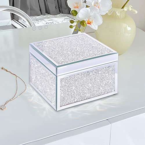 MOMNGNE Bling Crystal Silver Crushed Diamond Glass Mirrored Jewelry Box, Organizer Display Storage Case for Rings Earrings Necklace, Jewelry Boxes for Women