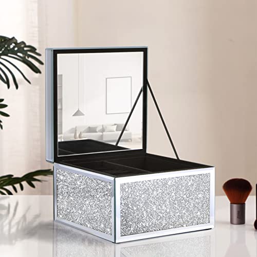 MOMNGNE Bling Crystal Silver Crushed Diamond Glass Mirrored Jewelry Box, Organizer Display Storage Case for Rings Earrings Necklace, Jewelry Boxes for Women