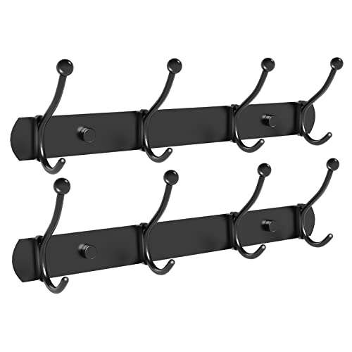 Wall Mounted Coat Rack 2 Pack, Stainless Steel Heavy Duty Tri with Four Hooks for Jacket Coat Hat in Mudroom Entryway (AA Black)