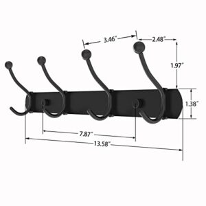 Wall Mounted Coat Rack 2 Pack, Stainless Steel Heavy Duty Tri with Four Hooks for Jacket Coat Hat in Mudroom Entryway (AA Black)