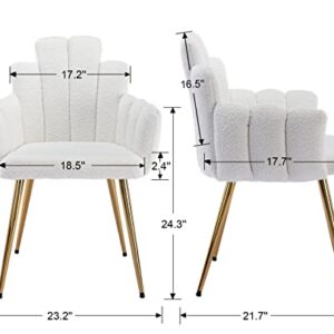 Set of 2 Sherpa Side Chairs, 17'' Wide Mid Century Modern Arm Chair for Living Room/Dining Room, with Gold Finish Legs, White