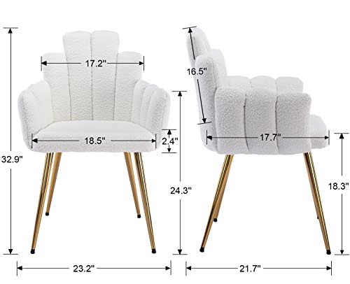 Set of 2 Sherpa Side Chairs, 17'' Wide Mid Century Modern Arm Chair for Living Room/Dining Room, with Gold Finish Legs, White