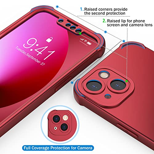 ORETECH for iPhone 13 Case, with [2 pcs Glass Screen Protector] [Camera Protection] [SGS Certified Military Grade ] 360 Shockproof Full Body Phone Case iPhone 13 Cover Slim Thin Case 6.1", Red