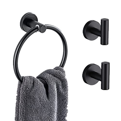 DERKAR Black Towel Ring with 2 Wall Hooks for Bath Room, Screw-Mounted Hand Towel Ring & Hook Made of Durable 304 Stainless Steel, The Best Holder for Bathroom, Bedroom, Kitchen