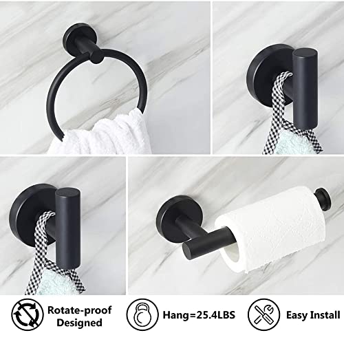 DERKAR Black Towel Ring with 2 Wall Hooks for Bath Room, Screw-Mounted Hand Towel Ring & Hook Made of Durable 304 Stainless Steel, The Best Holder for Bathroom, Bedroom, Kitchen