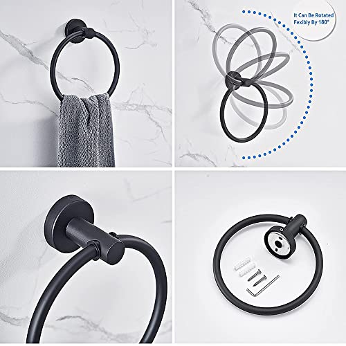 DERKAR Black Towel Ring with 2 Wall Hooks for Bath Room, Screw-Mounted Hand Towel Ring & Hook Made of Durable 304 Stainless Steel, The Best Holder for Bathroom, Bedroom, Kitchen