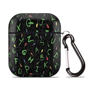 green black stranger letter things for airpods case cover for airpods 1&2, wireless/wired charging protective airpods case with keychain