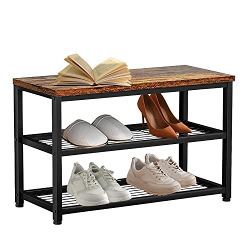 Shoe Rack Bench 3 Tier, Shoe Bench Entryway with Storage Long Seat Metal Shelves, 28.7'' Shoe Cubby Bench for Hallway Front Door, Doorway, Living Room, Garage (Brown)