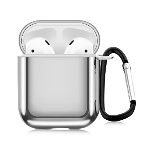 MZELQ for AirPods 1 & 2 Case with Keychain Cute Soft TPU Plating Design Shockproof Full Protective Smooth Surface Cover with Anti-Lost Carabiner Accessories for Women Girls (Silver)