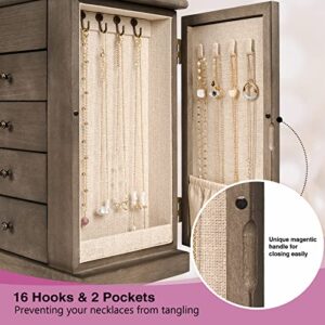 Emfogo Jewelry Box for Women, 5 Layer Large Wood Jewelry Boxes & Organizers for Necklaces Earrings Rings Bracelets, Rustic Jewelry Organizer Box with Drawers and Mirror(Weathered Gray)