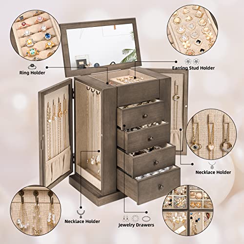 Emfogo Jewelry Box for Women, 5 Layer Large Wood Jewelry Boxes & Organizers for Necklaces Earrings Rings Bracelets, Rustic Jewelry Organizer Box with Drawers and Mirror(Weathered Gray)