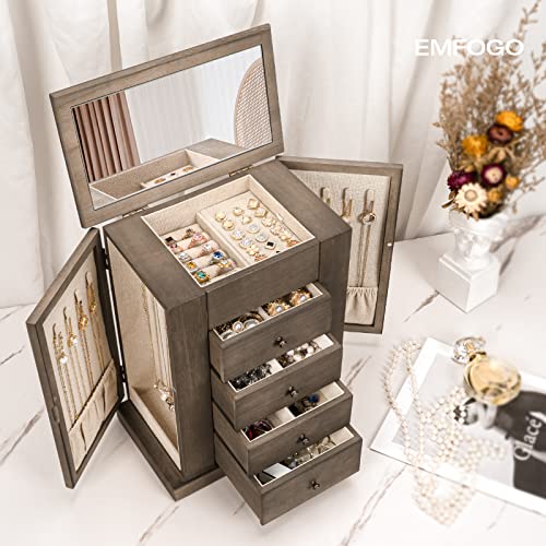 Emfogo Jewelry Box for Women, 5 Layer Large Wood Jewelry Boxes & Organizers for Necklaces Earrings Rings Bracelets, Rustic Jewelry Organizer Box with Drawers and Mirror(Weathered Gray)