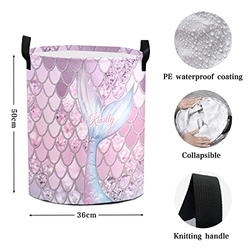 Mermaid Glitter Scales Personalized Laundry Basket Clothes Hamper Storage Handle Waterproof, Custom Laundry Round Collapsible Capacity for Bedroom Bathroom Toy Decoration