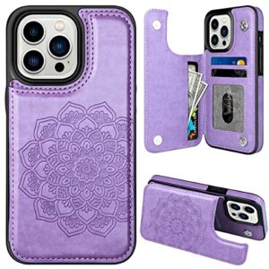 MMHUO for iPhone 14 Pro Case with Card Holder, Flower Magnetic Back Flip Case for iPhone 14 Pro Wallet Case for Women, Protective Case Phone Case for iPhone 14 Pro,Purple