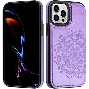 MMHUO for iPhone 14 Pro Case with Card Holder, Flower Magnetic Back Flip Case for iPhone 14 Pro Wallet Case for Women, Protective Case Phone Case for iPhone 14 Pro,Purple