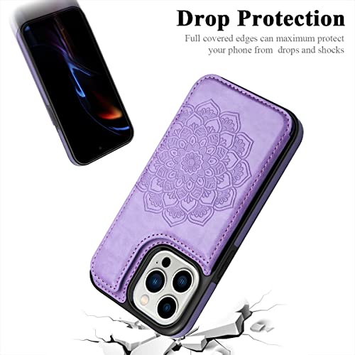 MMHUO for iPhone 14 Pro Case with Card Holder, Flower Magnetic Back Flip Case for iPhone 14 Pro Wallet Case for Women, Protective Case Phone Case for iPhone 14 Pro,Purple