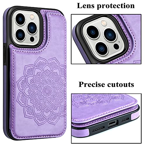 MMHUO for iPhone 14 Pro Case with Card Holder, Flower Magnetic Back Flip Case for iPhone 14 Pro Wallet Case for Women, Protective Case Phone Case for iPhone 14 Pro,Purple