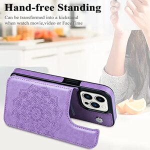 MMHUO for iPhone 14 Pro Case with Card Holder, Flower Magnetic Back Flip Case for iPhone 14 Pro Wallet Case for Women, Protective Case Phone Case for iPhone 14 Pro,Purple