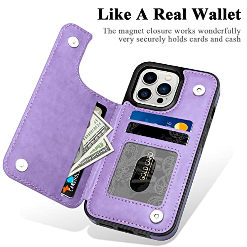 MMHUO for iPhone 14 Pro Case with Card Holder, Flower Magnetic Back Flip Case for iPhone 14 Pro Wallet Case for Women, Protective Case Phone Case for iPhone 14 Pro,Purple