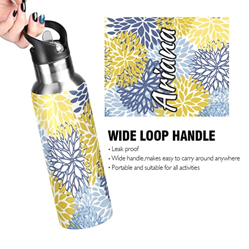 RunningBear Custom Spring Blue Floral Pattern Water Bottle with Straw Lid Personalized 20oz Insulated Sports Water Bottle Customized Leak Proof BPA-Free Flask for Boys Girls